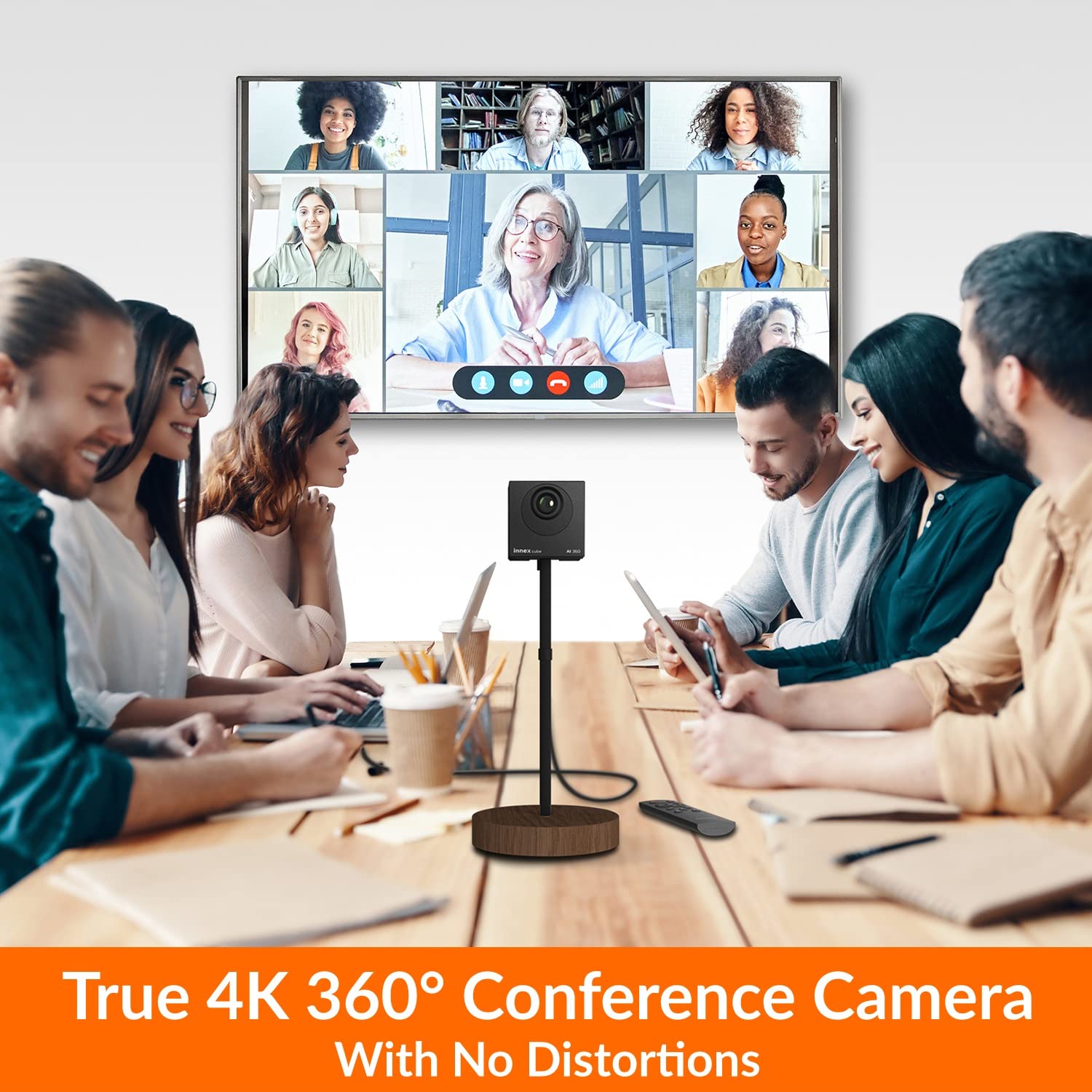 Innex Cube, 360 Degree Wide Angle Conference Camera, multiiple AI Mode, with Dual mics, Adjustable Height for Eye-Level Meeting Experience, 4 Lens Stiching, Flexible ePTZ with Remote, Zoom & Teams