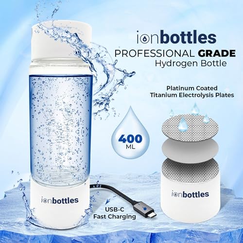 ionBottles® - Pro Model Rechargeable Portable Glass Hydrogen Water Generator Bottle up to 3000 PPB with PEM and SPE Technology Balanced Perfectly Balanced pH Water Ionizer