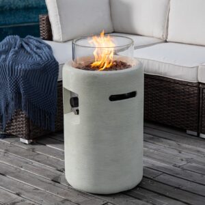 cosiest outdoor propane fire pit table w compact ledgestone 16-inch round graphite base and glass wind guard, 40,000 btu, free lava rocks, touch-up pen, fits 20lb (creamy white)