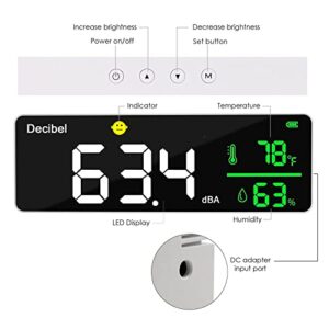 Decibel Meter Wall Hanging Sound Level Meter 11 inch Large LED Display Noise Temperature Humidity Meter with Alarm Icons Indicator Wide Applications for Classroom, Studio, Home, Factory