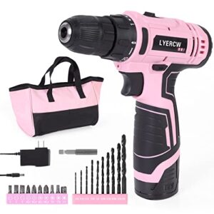 lyercw 12v cordless drill, pink electric drill driver set with 21pcs driver/drill bits, 25+1 torque setting, 3/8" keyless chuck, 2 variable speed, led light, storage bag