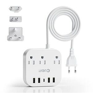 european plug adapter, unidapt us to uk europe power strip for eu/uk/us with usb c and 4 usb ports, 3 ac outlets, wall mountable, 5ft extension cord, for travel cruise ship home