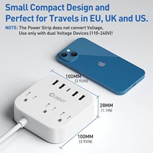 European Plug Adapter, Unidapt US to UK Europe Power Strip for EU/UK/US with USB C and 4 USB Ports, 3 AC Outlets, Wall Mountable, 5ft Extension Cord, for Travel Cruise Ship Home