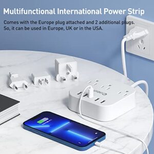 European Plug Adapter, Unidapt US to UK Europe Power Strip for EU/UK/US with USB C and 4 USB Ports, 3 AC Outlets, Wall Mountable, 5ft Extension Cord, for Travel Cruise Ship Home