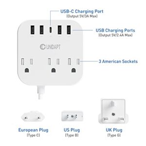 European Plug Adapter, Unidapt US to UK Europe Power Strip for EU/UK/US with USB C and 4 USB Ports, 3 AC Outlets, Wall Mountable, 5ft Extension Cord, for Travel Cruise Ship Home