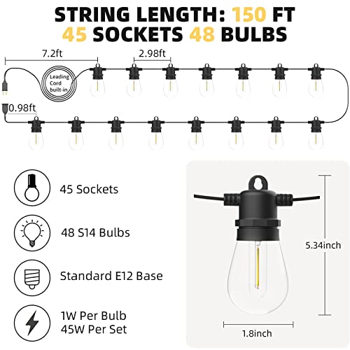 RTTY Outdoor String Lights 150 ft,Led Outside Patio Lights String with 45pcs Plastic Bulbs,Shatterproof String Lights for Backyard,Cafe,Bistro