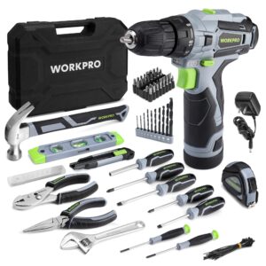 workpro home tool kit with power drill, 108pcs power home tool set with 12v 1.5 ah battery powered screwdriver and tool box, electric cordless drill set with keyless chuck and variable speed trigger