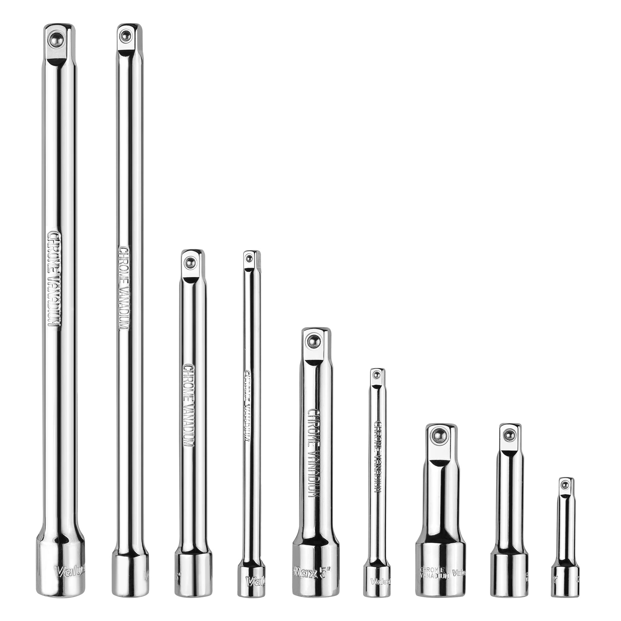 VALUEMAX 9 PCS Extension Bar Set, 1/4", 3/8", 1/2" Drive Socket Extension Bar Set for Ratchet Wrench, Premium Chrome Vanadium Steel with Mirror Finish, Chrome Plated, Storage Tray Included