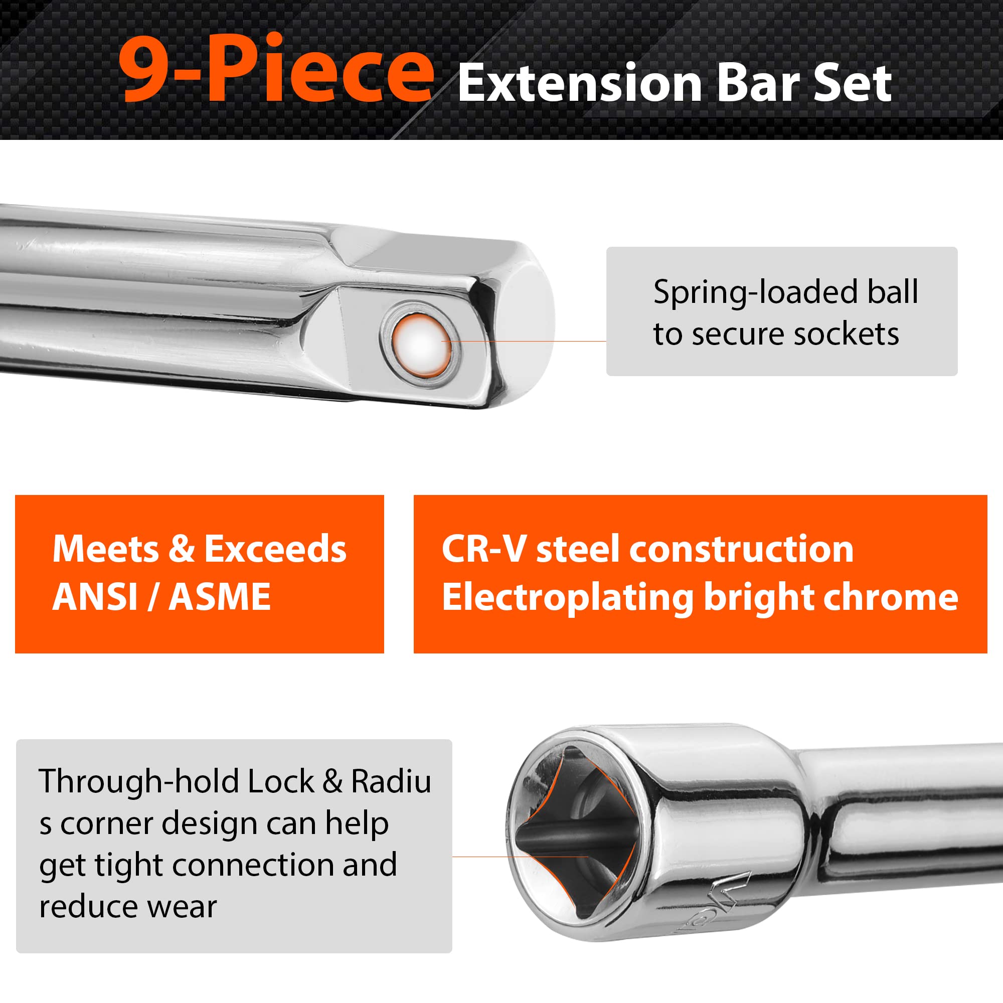 VALUEMAX 9 PCS Extension Bar Set, 1/4", 3/8", 1/2" Drive Socket Extension Bar Set for Ratchet Wrench, Premium Chrome Vanadium Steel with Mirror Finish, Chrome Plated, Storage Tray Included