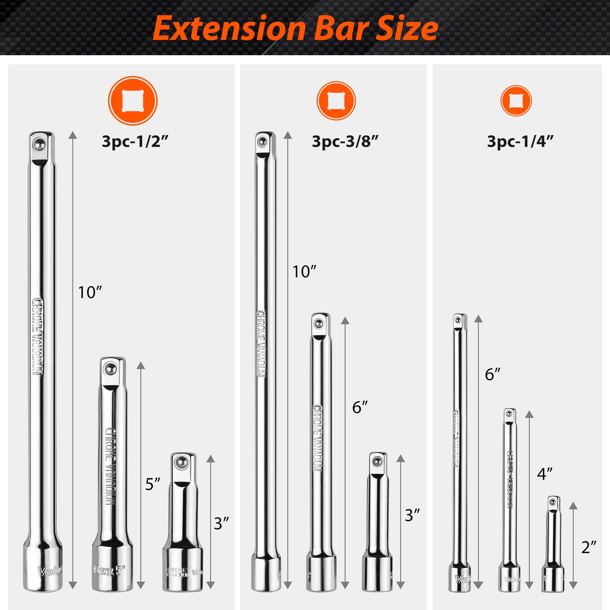 VALUEMAX 9 PCS Extension Bar Set, 1/4", 3/8", 1/2" Drive Socket Extension Bar Set for Ratchet Wrench, Premium Chrome Vanadium Steel with Mirror Finish, Chrome Plated, Storage Tray Included