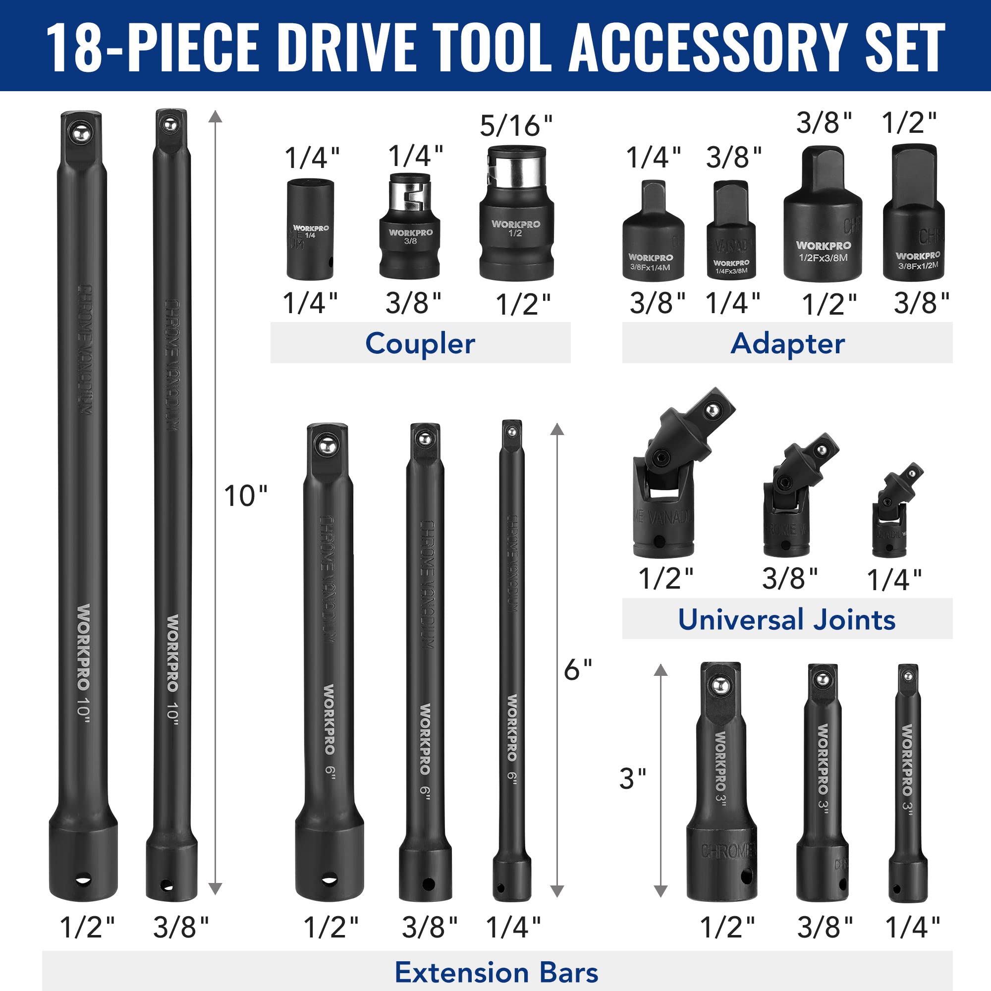 WORKPRO 18-Pieces Drive Tool Accessory Set, Includes Socket Adapters, Socket Extension Bar, Swivel Universal Joints and Impact Coupler, 1/4", 3/8" & 1/2" Drive