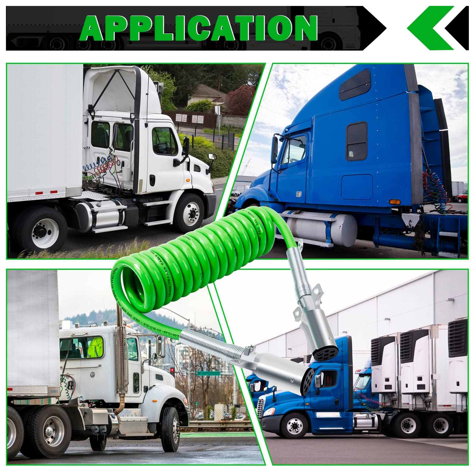 Cheemuii 7 Way Coiled Trailer Cord 15 FT Green ABS Electrical Power Coil Heavy Duty Cable Power Wire for Semi Trucks Tractors