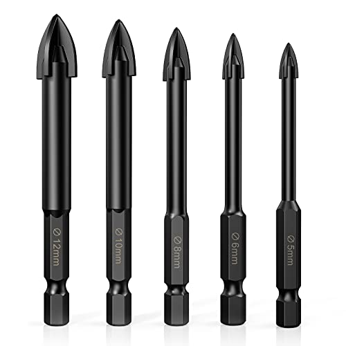 Rondarui Masonry Drill Bit, Concrete Drill Bit Set, YG6X Tungsten Carbide Tip, 1/4" Hex Shank Drill Bits, Cement Drill Bits Drilling Brick Tile Wall Wood Mirror Plastic Porcelain Ceramic, 5 Pcs