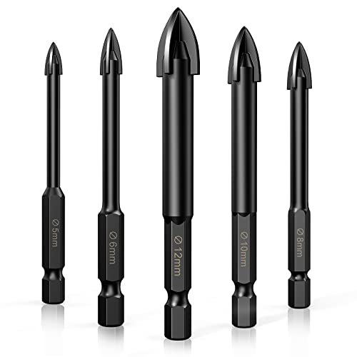 Rondarui Masonry Drill Bit, Concrete Drill Bit Set, YG6X Tungsten Carbide Tip, 1/4" Hex Shank Drill Bits, Cement Drill Bits Drilling Brick Tile Wall Wood Mirror Plastic Porcelain Ceramic, 5 Pcs