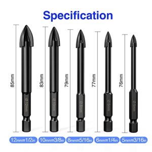 Rondarui Masonry Drill Bit, Concrete Drill Bit Set, YG6X Tungsten Carbide Tip, 1/4" Hex Shank Drill Bits, Cement Drill Bits Drilling Brick Tile Wall Wood Mirror Plastic Porcelain Ceramic, 5 Pcs