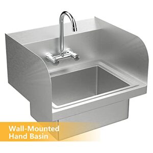 VINGLI Commercial Hand Wash Sink Stainless Steel Bar/Prep Sink with Side Splash Guard, Wall Mount Utility Sink with Faucet, Heavy Duty Hand Washing Basin for Restaurant, Home Kitchen 17W x 15D x 14H