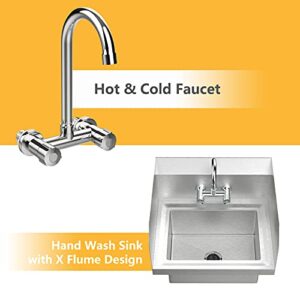 VINGLI Commercial Hand Wash Sink Stainless Steel Bar/Prep Sink with Side Splash Guard, Wall Mount Utility Sink with Faucet, Heavy Duty Hand Washing Basin for Restaurant, Home Kitchen 17W x 15D x 14H