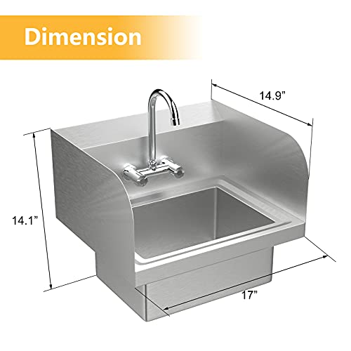 VINGLI Commercial Hand Wash Sink Stainless Steel Bar/Prep Sink with Side Splash Guard, Wall Mount Utility Sink with Faucet, Heavy Duty Hand Washing Basin for Restaurant, Home Kitchen 17W x 15D x 14H