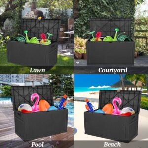 VINGLI 120 Gallon Large Deck Box Outdoor Storage Box with Lid, Plastic Patio Furniture Container Bin Rattan Grain Surface for Cushions Toys Garden Tools Pool Accessories (Black)