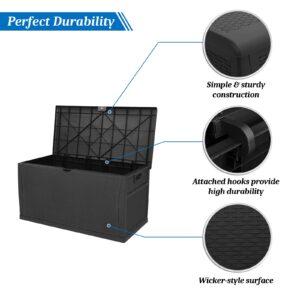 VINGLI 120 Gallon Large Deck Box Outdoor Storage Box with Lid, Plastic Patio Furniture Container Bin Rattan Grain Surface for Cushions Toys Garden Tools Pool Accessories (Black)