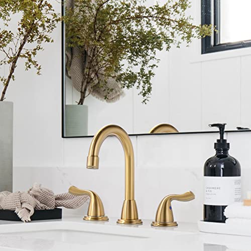 Gold Bathroom Faucet, ARCORA 8 Inch Widespread Bathroom Faucet 3 Hole, 2 Handles Bathroom Sink Bathroom with Drain Assembly, Brushed Gold Faucet for Bathroom Sink