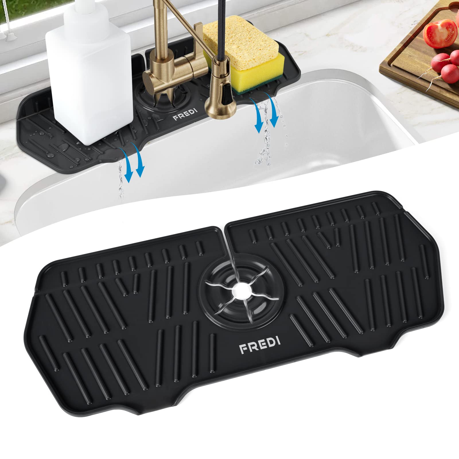 FREDI Kitchen Sink Splash Guard Silicone Faucet Mat Handle Drip Catcher Tray Non-slip Protectors for Bathroom Kitchen Sink Accessories Black