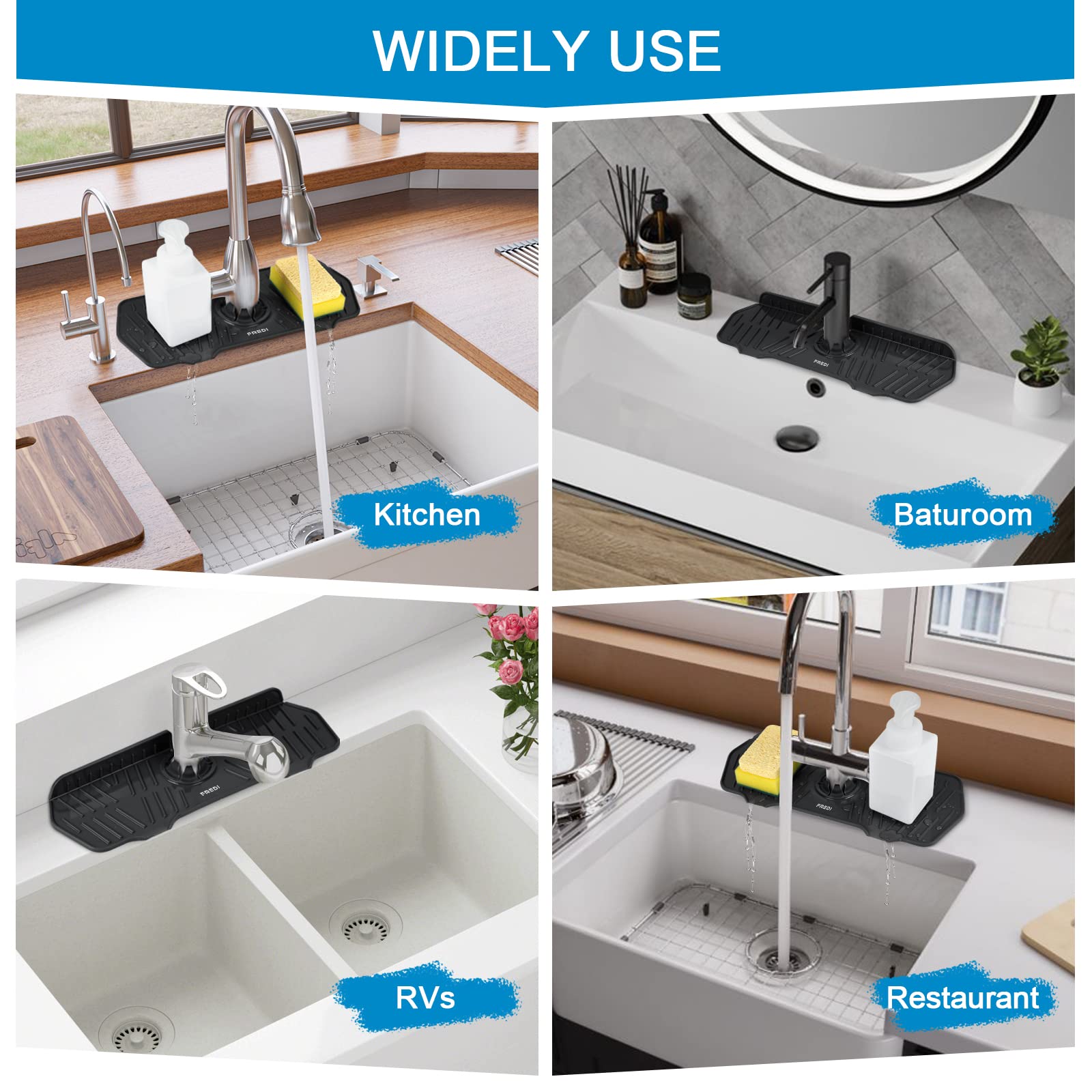 FREDI Kitchen Sink Splash Guard Silicone Faucet Mat Handle Drip Catcher Tray Non-slip Protectors for Bathroom Kitchen Sink Accessories Black