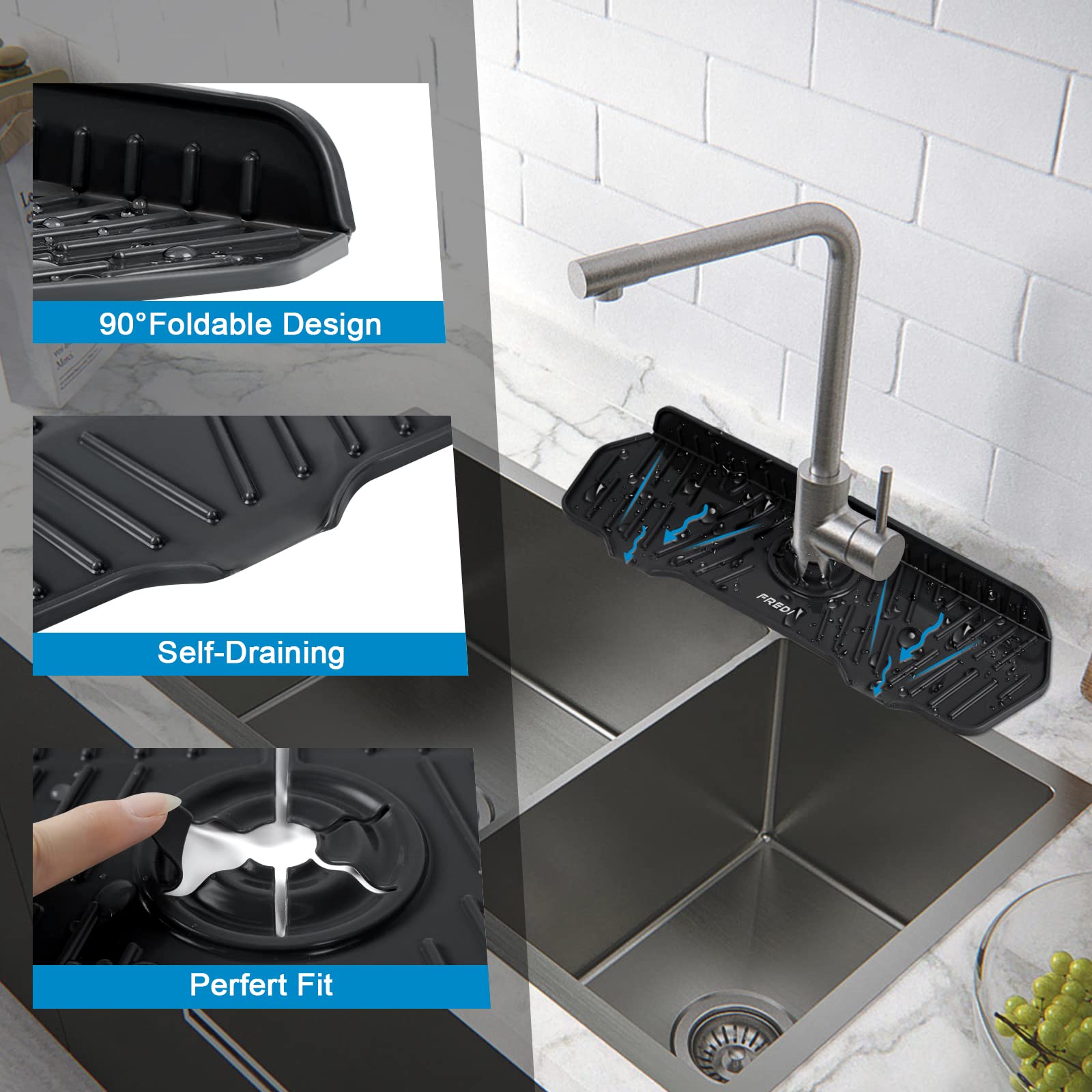 FREDI Kitchen Sink Splash Guard Silicone Faucet Mat Handle Drip Catcher Tray Non-slip Protectors for Bathroom Kitchen Sink Accessories Black