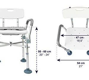 KMINA - Padded Shower Chair with Arms and Back (330 lbs) with Double Reinforced Crossbar and Cushion, Heavy Duty Shower Seat for Adults, Shower Chair for Inside Shower White - Made in Europe