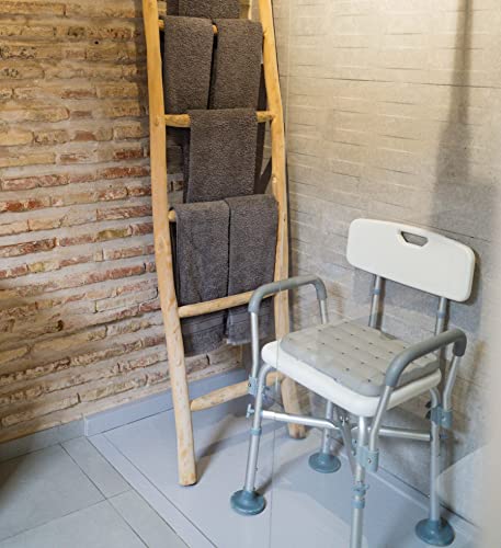 KMINA - Padded Shower Chair with Arms and Back (330 lbs) with Double Reinforced Crossbar and Cushion, Heavy Duty Shower Seat for Adults, Shower Chair for Inside Shower White - Made in Europe