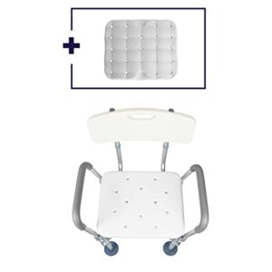 KMINA - Padded Shower Chair with Arms and Back (330 lbs) with Double Reinforced Crossbar and Cushion, Heavy Duty Shower Seat for Adults, Shower Chair for Inside Shower White - Made in Europe