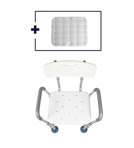 KMINA - Padded Shower Chair with Arms and Back (330 lbs) with Double Reinforced Crossbar and Cushion, Heavy Duty Shower Seat for Adults, Shower Chair for Inside Shower White - Made in Europe