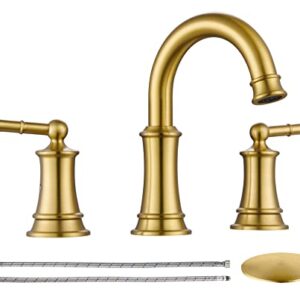 Hangoro Widespread Bathroom Faucet, Brush Gold 2-Handle Faucets for Bathroom Sink, Rough-in Valve & Pop Up Drain Included, Touch On Bathroom Faucets for Vanity, Lavatory, Bathroom(L2304-BG)