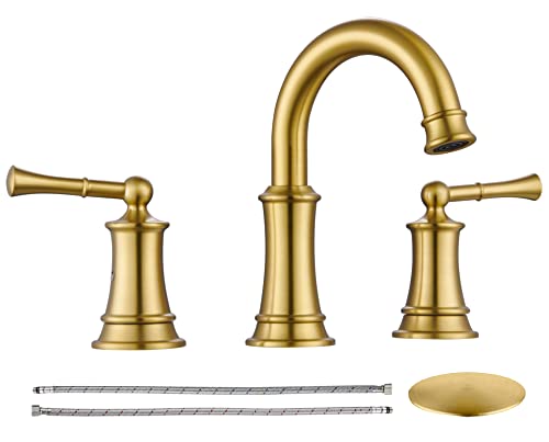 Hangoro Widespread Bathroom Faucet, Brush Gold 2-Handle Faucets for Bathroom Sink, Rough-in Valve & Pop Up Drain Included, Touch On Bathroom Faucets for Vanity, Lavatory, Bathroom(L2304-BG)