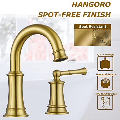 Hangoro Widespread Bathroom Faucet, Brush Gold 2-Handle Faucets for Bathroom Sink, Rough-in Valve & Pop Up Drain Included, Touch On Bathroom Faucets for Vanity, Lavatory, Bathroom(L2304-BG)