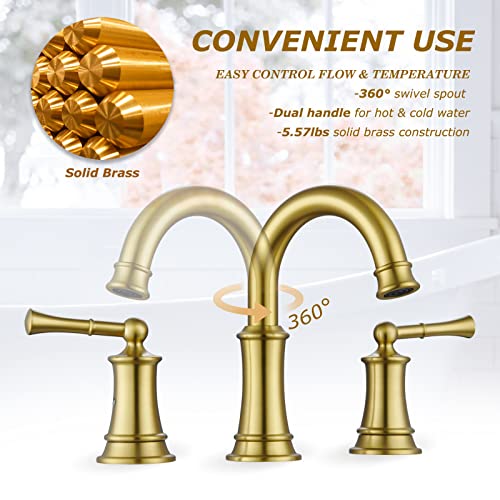 Hangoro Widespread Bathroom Faucet, Brush Gold 2-Handle Faucets for Bathroom Sink, Rough-in Valve & Pop Up Drain Included, Touch On Bathroom Faucets for Vanity, Lavatory, Bathroom(L2304-BG)