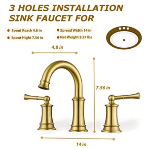 Hangoro Widespread Bathroom Faucet, Brush Gold 2-Handle Faucets for Bathroom Sink, Rough-in Valve & Pop Up Drain Included, Touch On Bathroom Faucets for Vanity, Lavatory, Bathroom(L2304-BG)