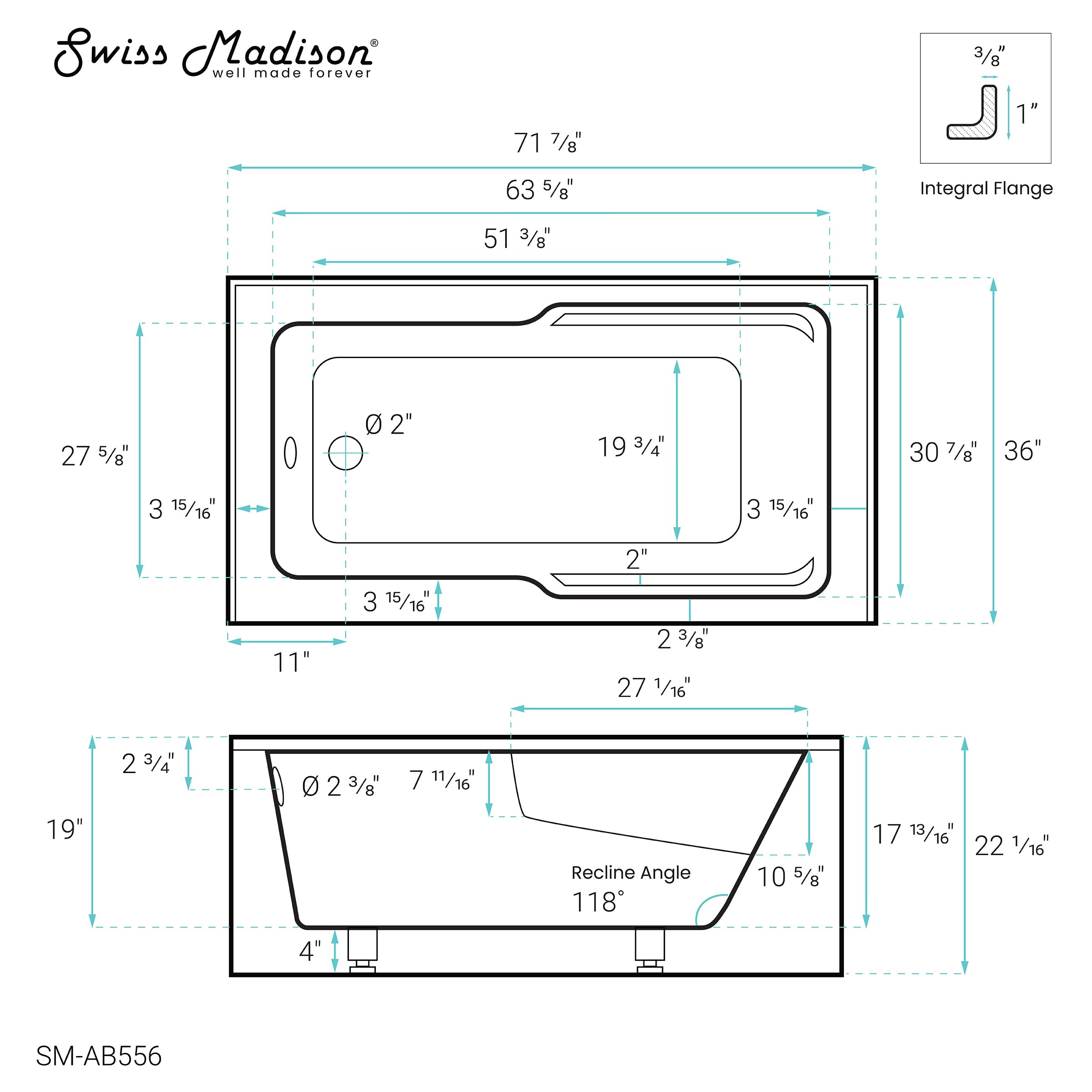 Swiss Madison Well Made Forever Voltaire 72" x 36" Left-Hand Drain Alcove Bathtub with Apron