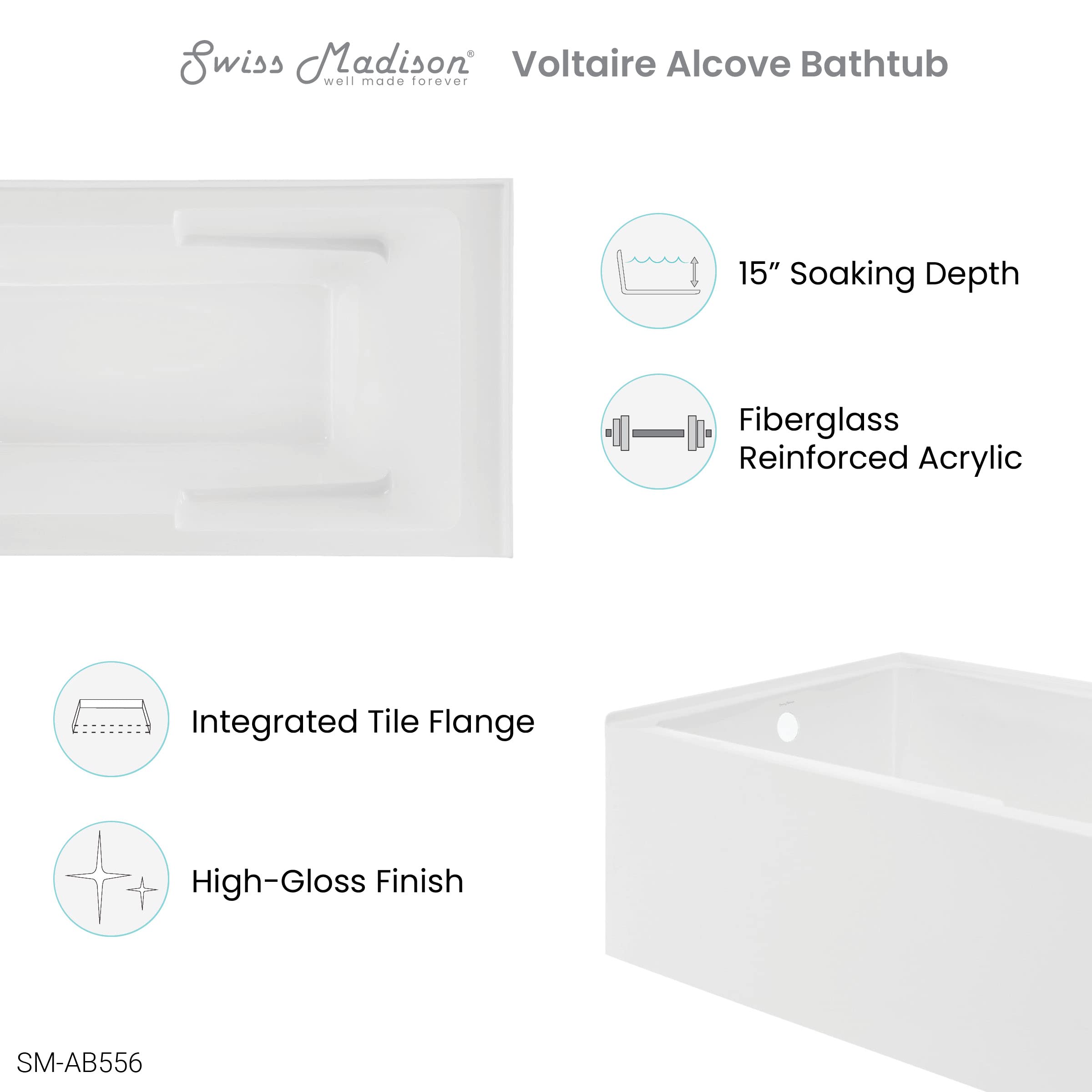 Swiss Madison Well Made Forever Voltaire 72" x 36" Left-Hand Drain Alcove Bathtub with Apron