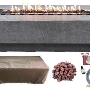 AMS Fireplace | Elementi | Large Rectangular Natural Gas Fire Pit Table | Free Bio-Ethanol Tabletop Lantern | With Canvas Cover, Lava Rocks, and Gas Key Valve | Fuel: Natural Gas, Hampton - Light Grey