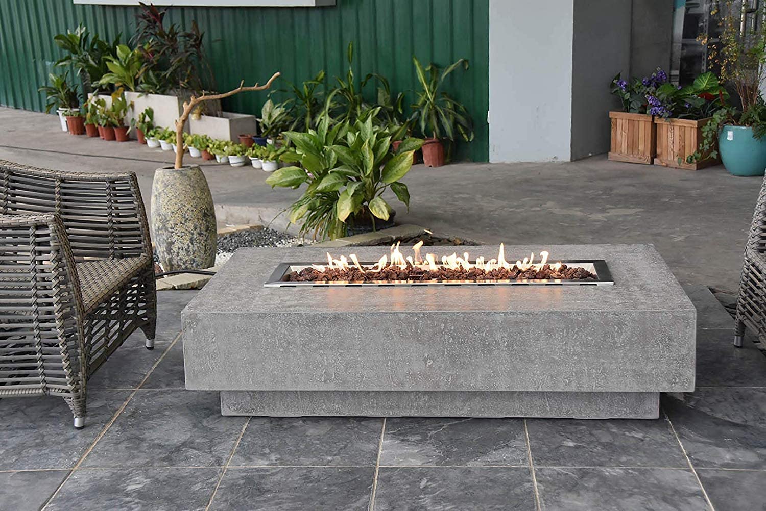 AMS Fireplace | Elementi | Large Rectangular Natural Gas Fire Pit Table | Free Bio-Ethanol Tabletop Lantern | With Canvas Cover, Lava Rocks, and Gas Key Valve | Fuel: Natural Gas, Hampton - Light Grey