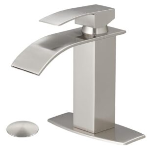 besy brushed nickel waterfall spout bathroom faucet, single handle bathroom sink faucet with pop-up drain, rv vanity faucet with deck plate & supply hoses, burshed nickel, 1 or 3 hole