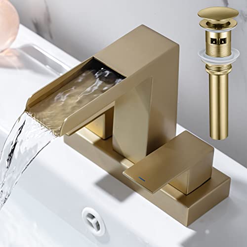 HAMOLER 4 Inch Centerset Bathroom Waterfall Faucet 2 Handle 3 Hole Lavatory Vanity Faucet Waterfall Basin Faucet with Pop Up Drain with Overflow, Brushed Gold