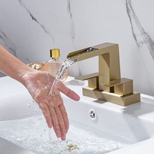 HAMOLER 4 Inch Centerset Bathroom Waterfall Faucet 2 Handle 3 Hole Lavatory Vanity Faucet Waterfall Basin Faucet with Pop Up Drain with Overflow, Brushed Gold