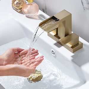 HAMOLER 4 Inch Centerset Bathroom Waterfall Faucet 2 Handle 3 Hole Lavatory Vanity Faucet Waterfall Basin Faucet with Pop Up Drain with Overflow, Brushed Gold