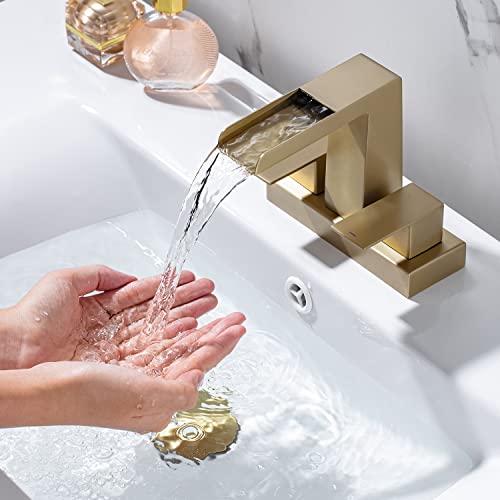 HAMOLER 4 Inch Centerset Bathroom Waterfall Faucet 2 Handle 3 Hole Lavatory Vanity Faucet Waterfall Basin Faucet with Pop Up Drain with Overflow, Brushed Gold