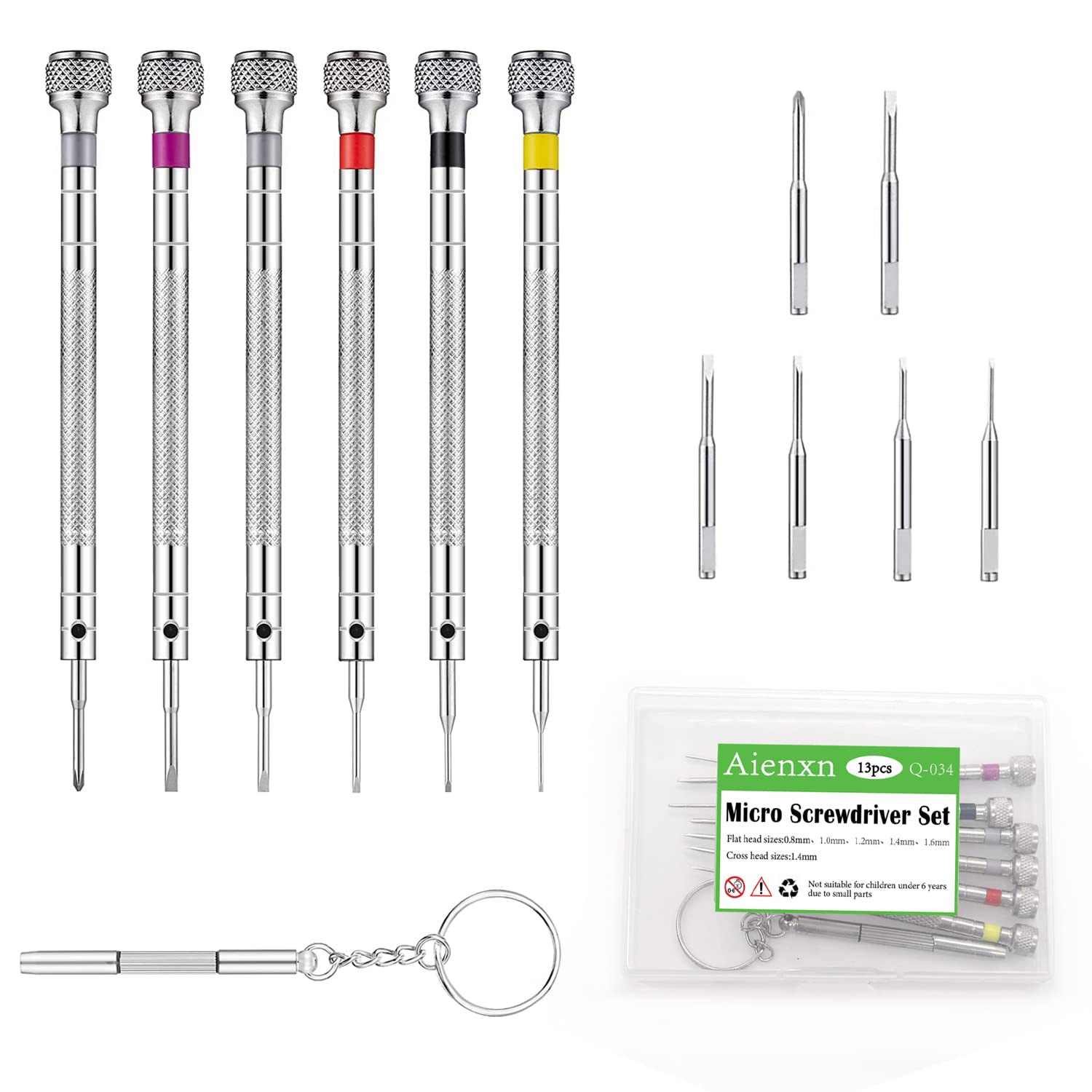 Aienxn 13PCS (6 Sets) Micro Precision Jewelry Screwdriver Set, Watch Screwdriver Kit 0.8-1.6mm, 6 Extra Replace Blades for Watch Repair, Electronics Repair, Jewelry Work, Eyeglasses Repair Q-034