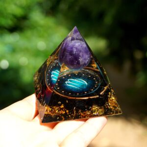 12 Zodiac Orgone Crystal Pyramid, Natural Amethyst with Obsidian,Healing Crystals Pyramid for Protection Chakra, Unique Constellation Pyramid for Positive Energy, Healing Money Health(Virgo)