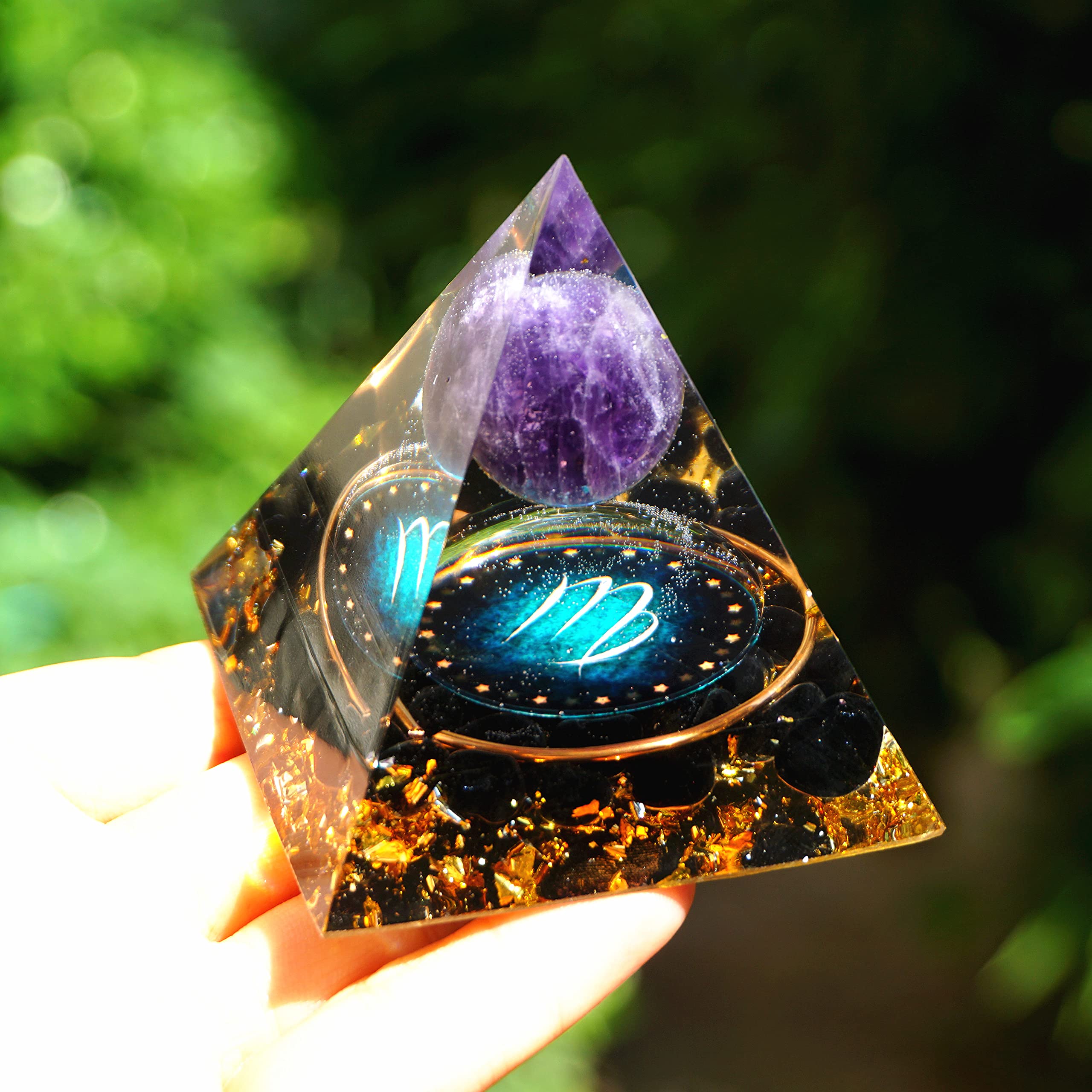 12 Zodiac Orgone Crystal Pyramid, Natural Amethyst with Obsidian,Healing Crystals Pyramid for Protection Chakra, Unique Constellation Pyramid for Positive Energy, Healing Money Health(Virgo)