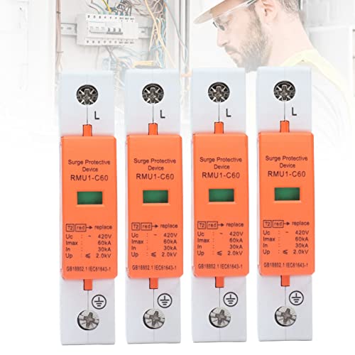 4Pcs 1P Surge Protective Device, Orange DIN Rail Mounting SPD House Arrester Protector Device for AC 420V RMU1‑C20/40/60(Imax：60kA)